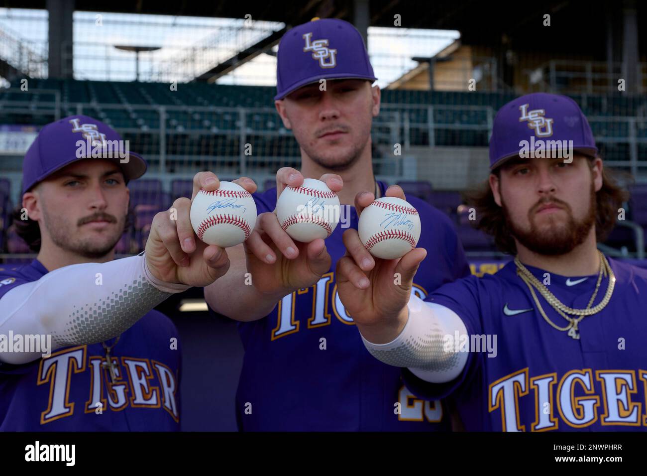 LSU Tigers Tommy White (47), Paul Skenes (20), and Dylan Crews (3) pose ...
