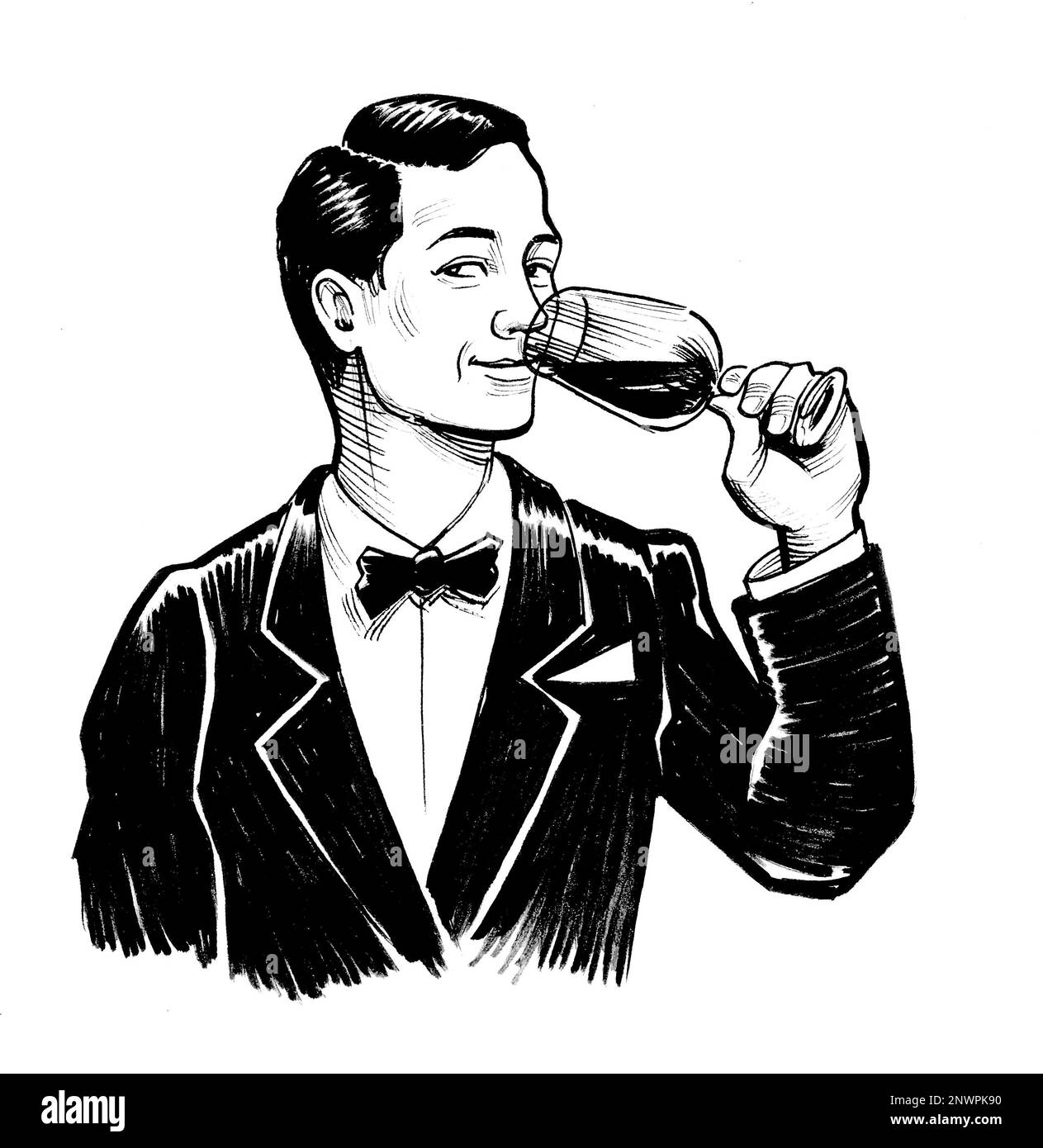 Man tasting wine. Ink black and white drawing Stock Photo - Alamy
