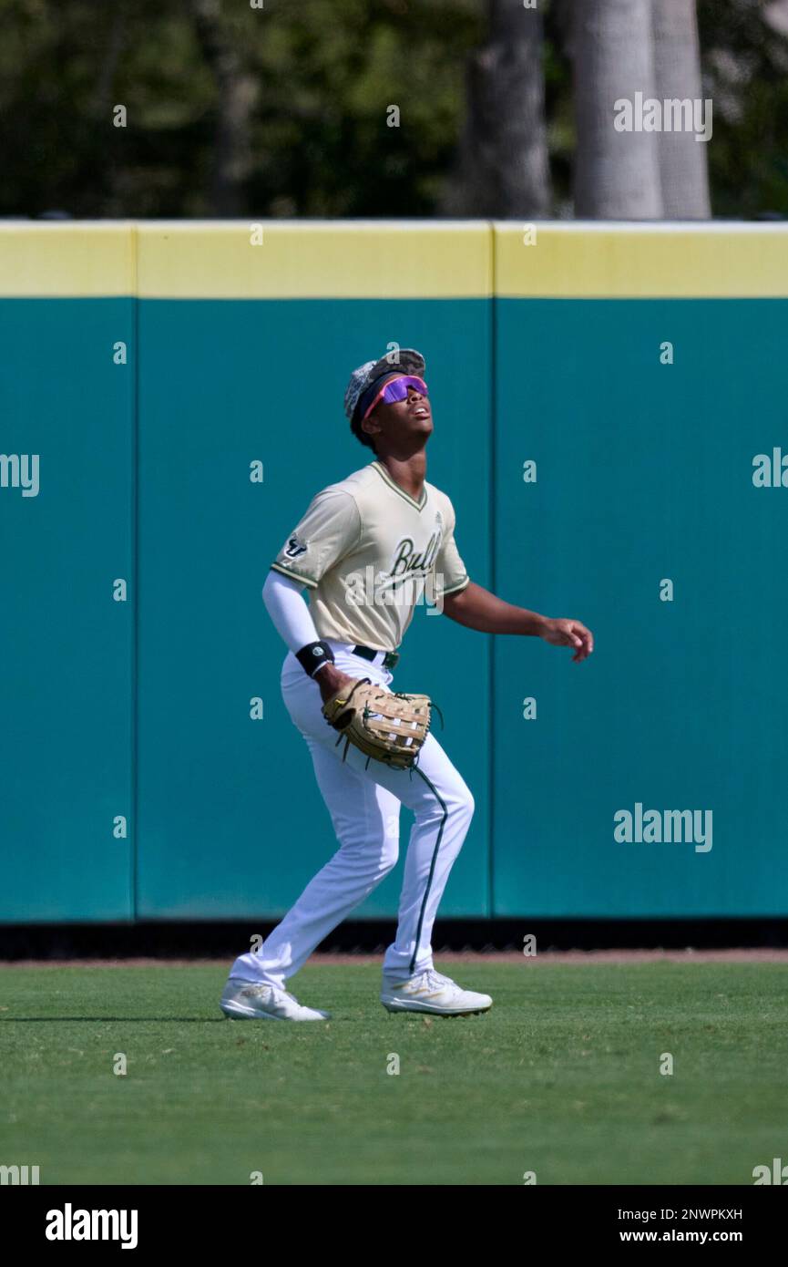 USF Bulls outfielder Jackson Mayo (4) gets under a fly ball during an ...