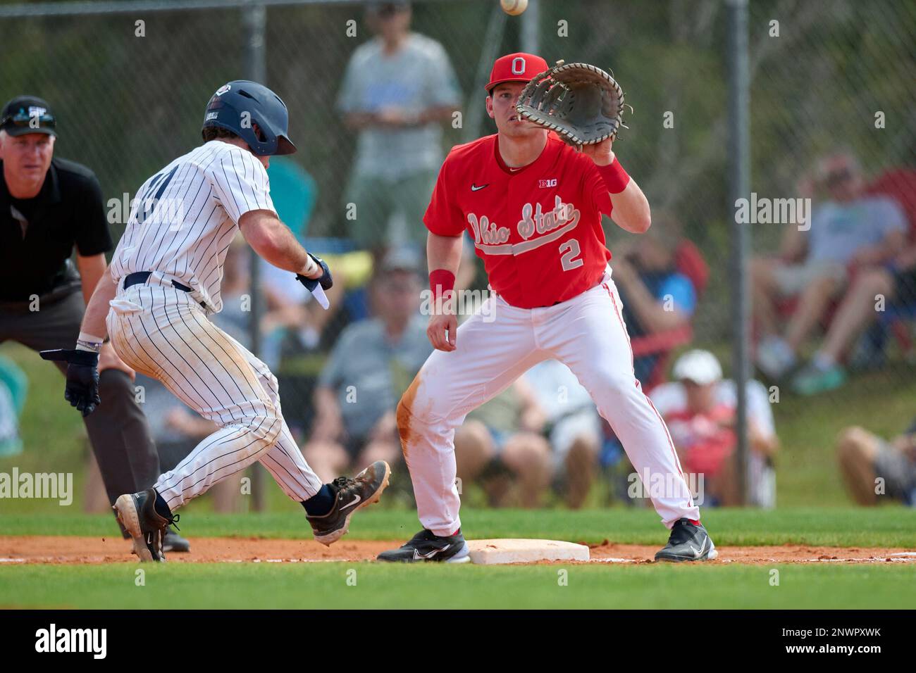 Ohio State Buckeyes first baseman Marcus Ernst (2) catches a throw as ...