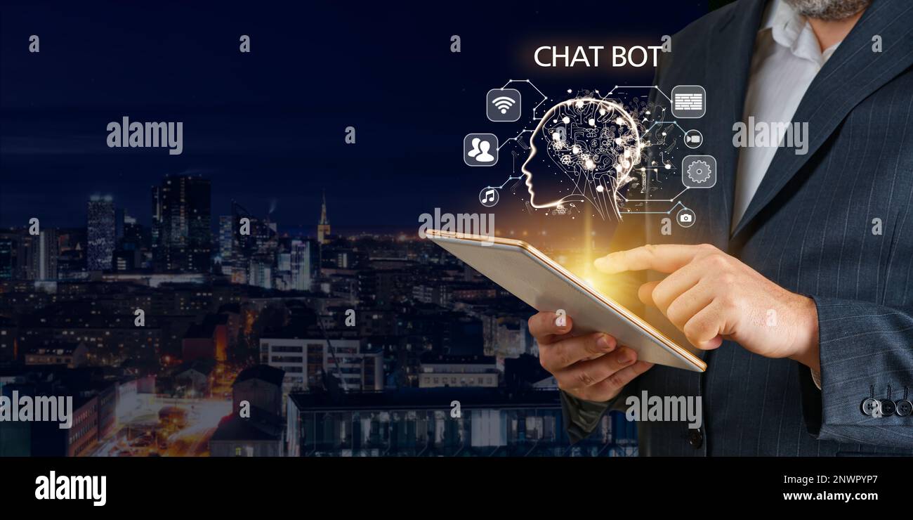 Artificial intelligence, AI chat bot concept. Businessman hands using tablet. ai chatbot ...