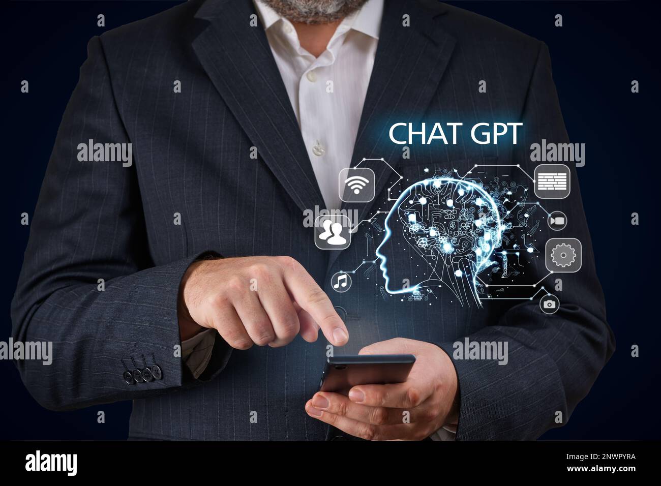 Artificial Intelligence in Bot Chat. Businessman using Ai chatbot in ...