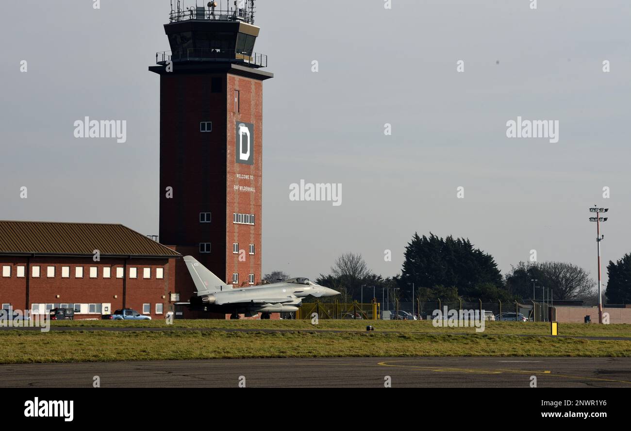 A Royal Air Force Eurofighter Typhoon FGR4 taxis past the air traffic control tower as it ...