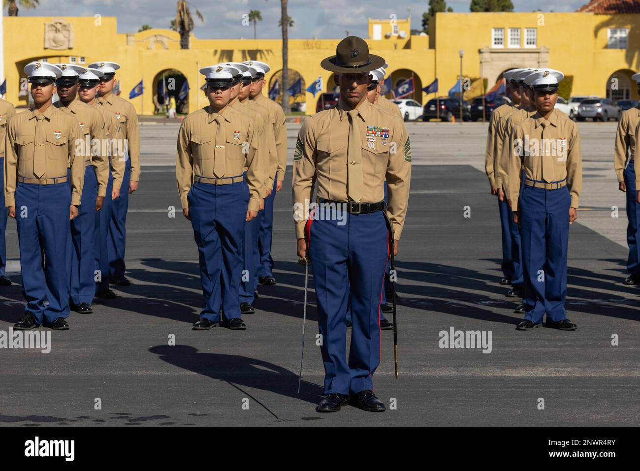 U.S. Marines with Bravo Company, 1st Recruit Training Battalion, stand ...