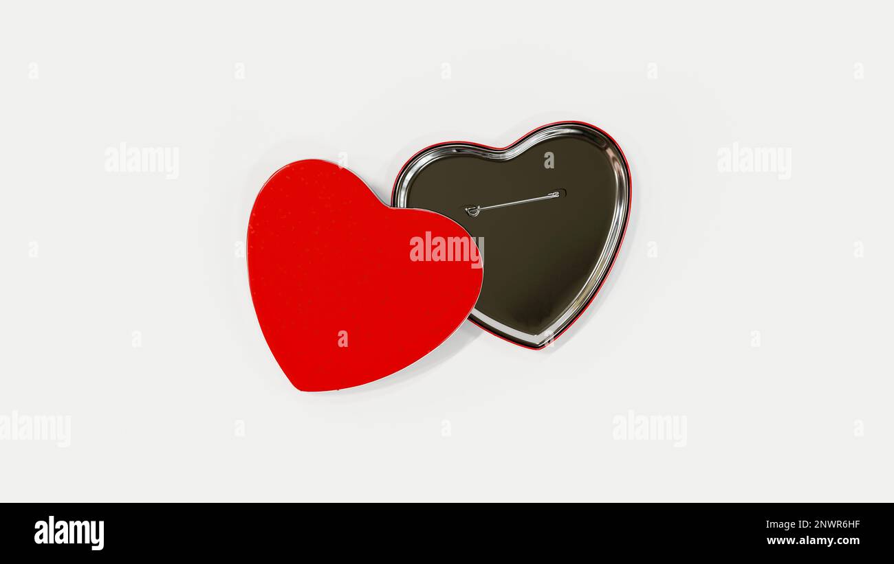 Red heart shape badge pin mockup on white background. 3d render, 3d ...