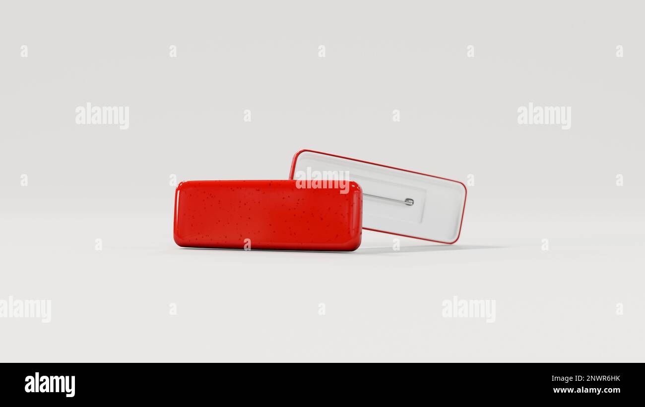 Red rectangular badge pin mockup on white background. brooch, pin ...