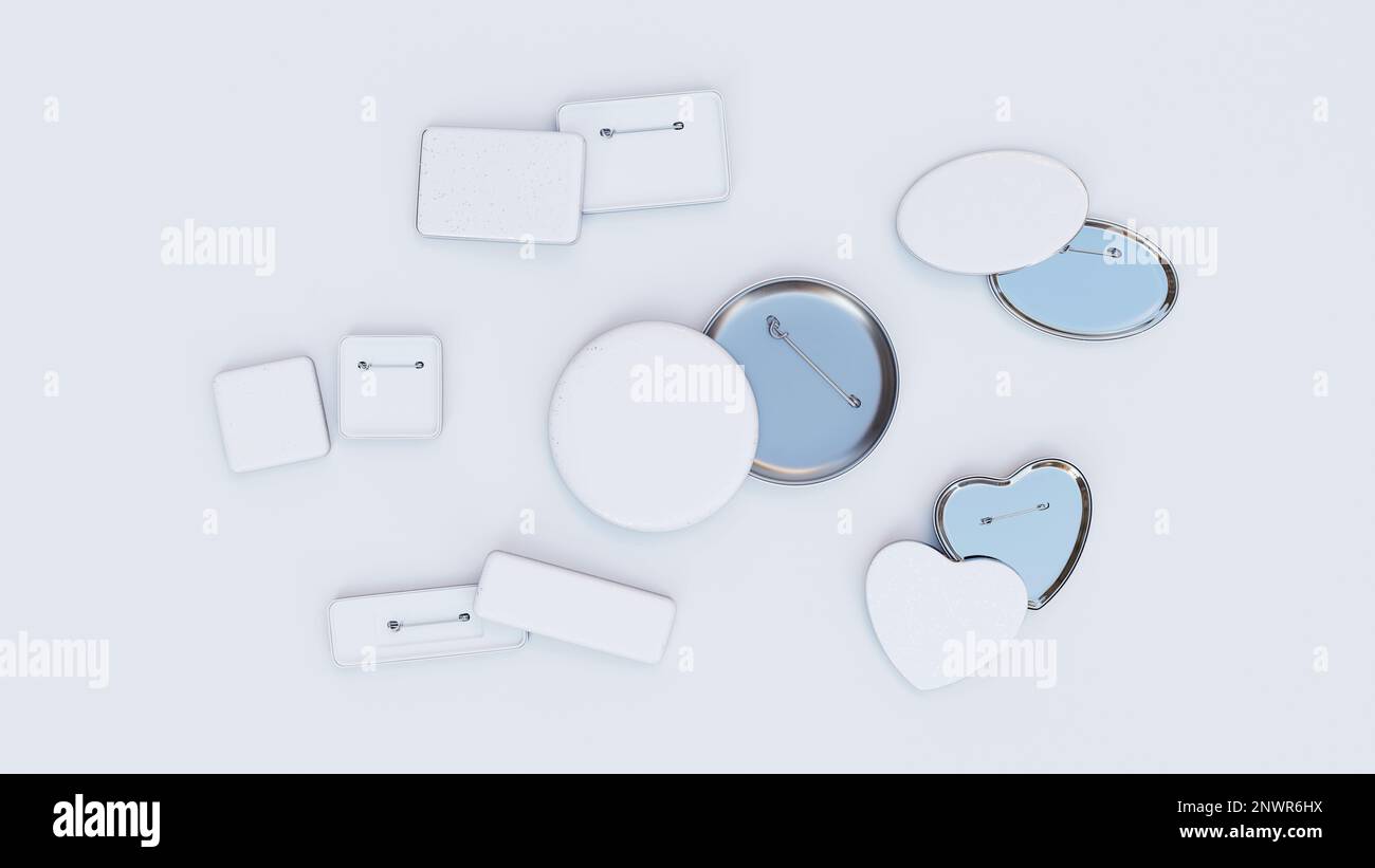 Various shape of white badge pins mockup on white background. circle ...
