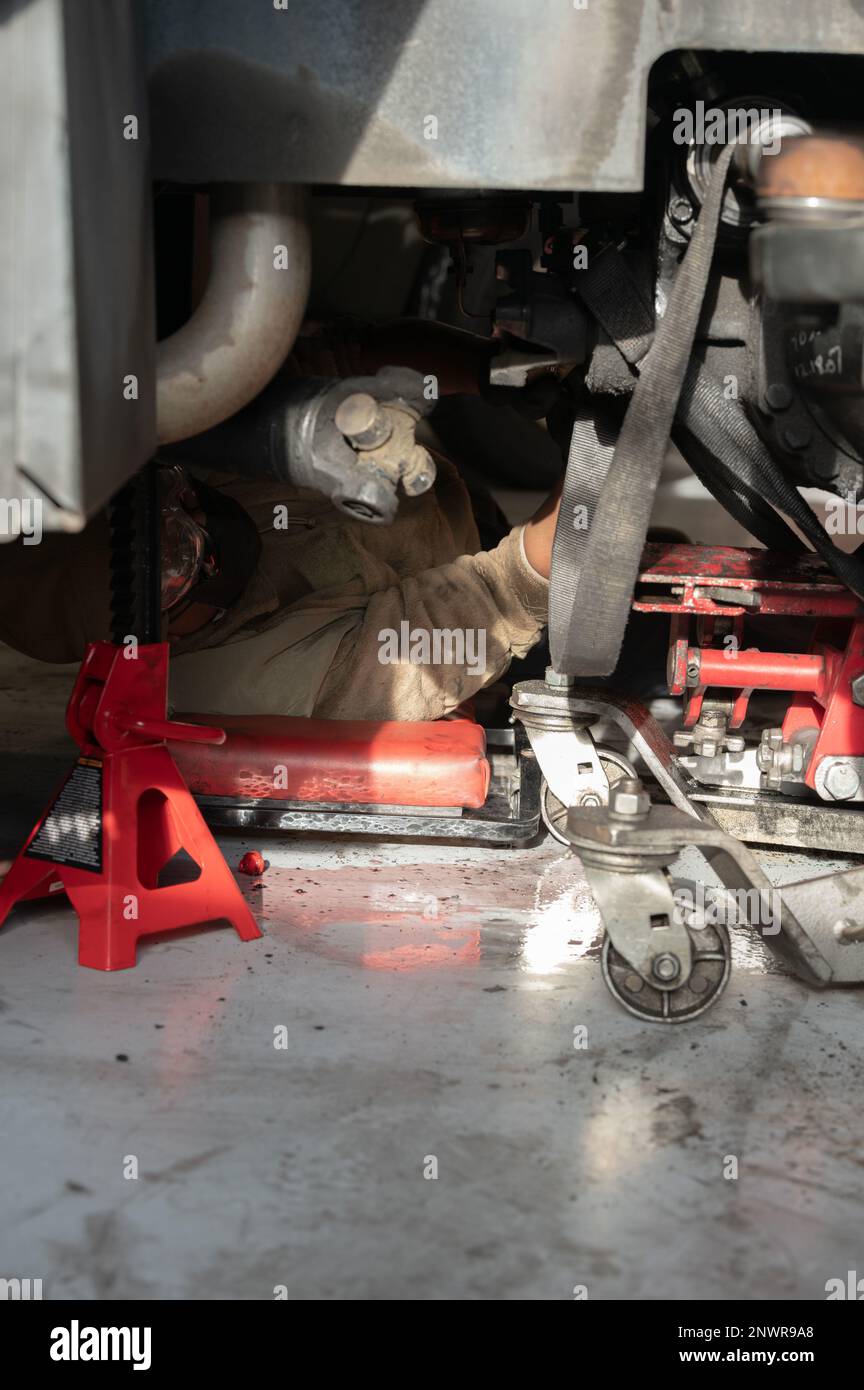 Airman 1st Class Bethwel Waitiki, 4th Logistics Readiness Squadron vehicle maintainer, works on ...