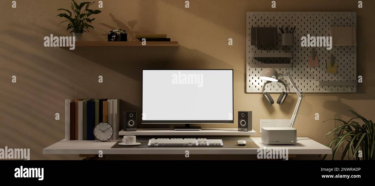 Modern home workstation with PC computer white screen mockup, gamer ...