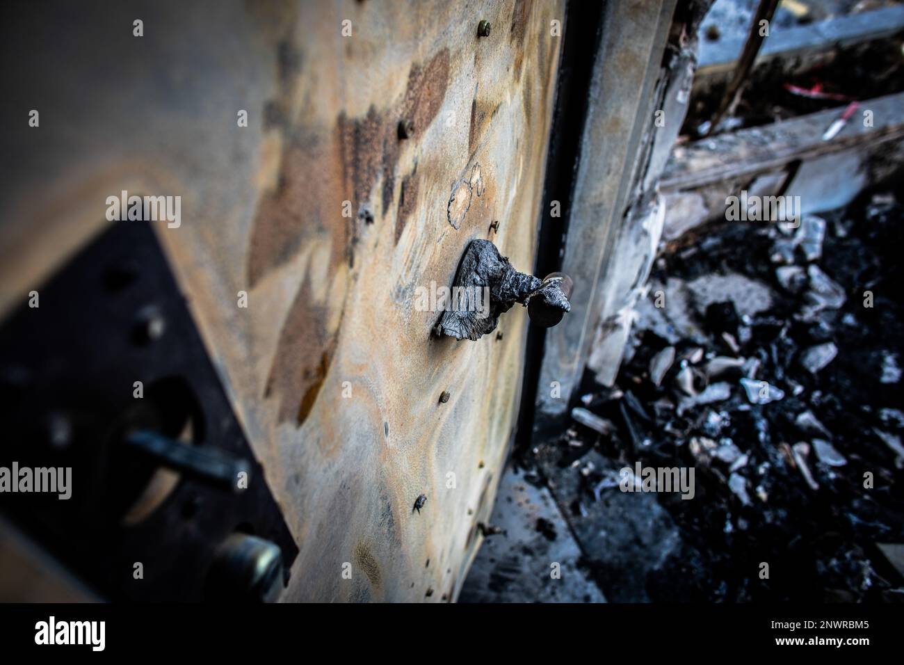 Huwara, Israel. 28th Feb, 2023. A door that was torched by Jewish ...