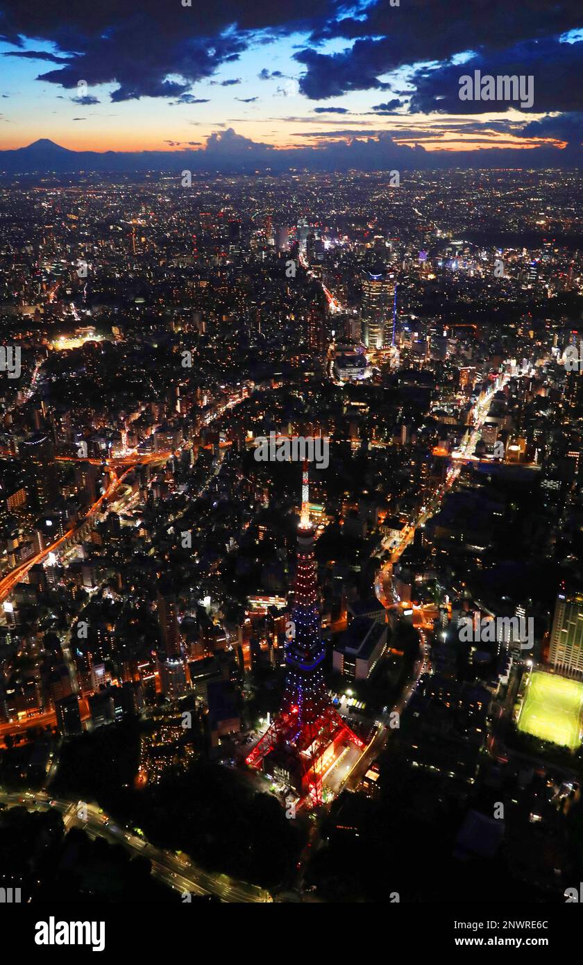 Tokyo Tower is lit up by three colors lights for countdown of Tokyo ...