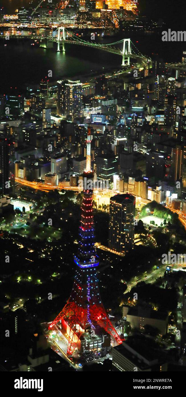 Tokyo Tower is lit up by three colors lights for countdown of Tokyo ...