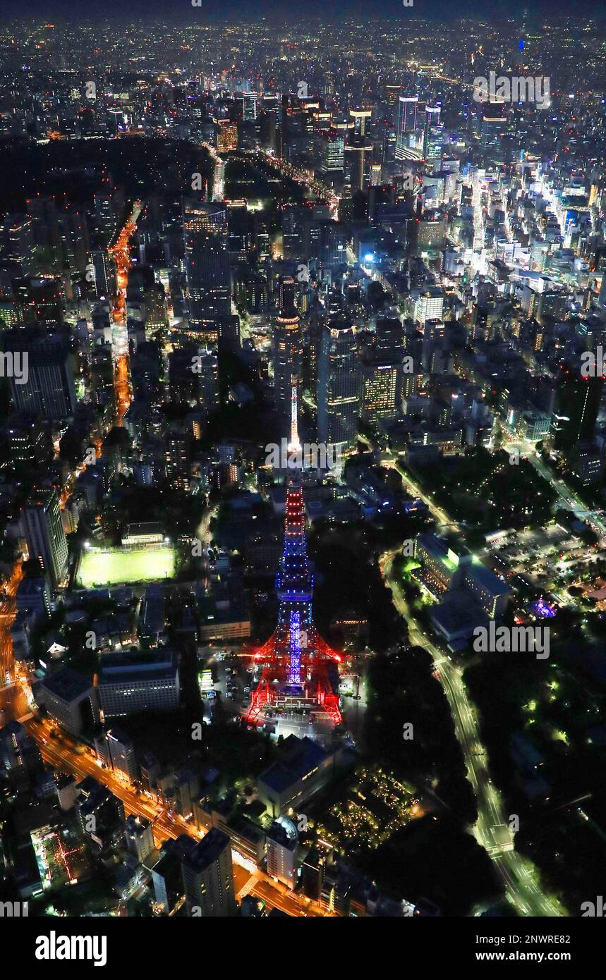 Tokyo Tower is lit up by three colors lights for countdown of Tokyo ...