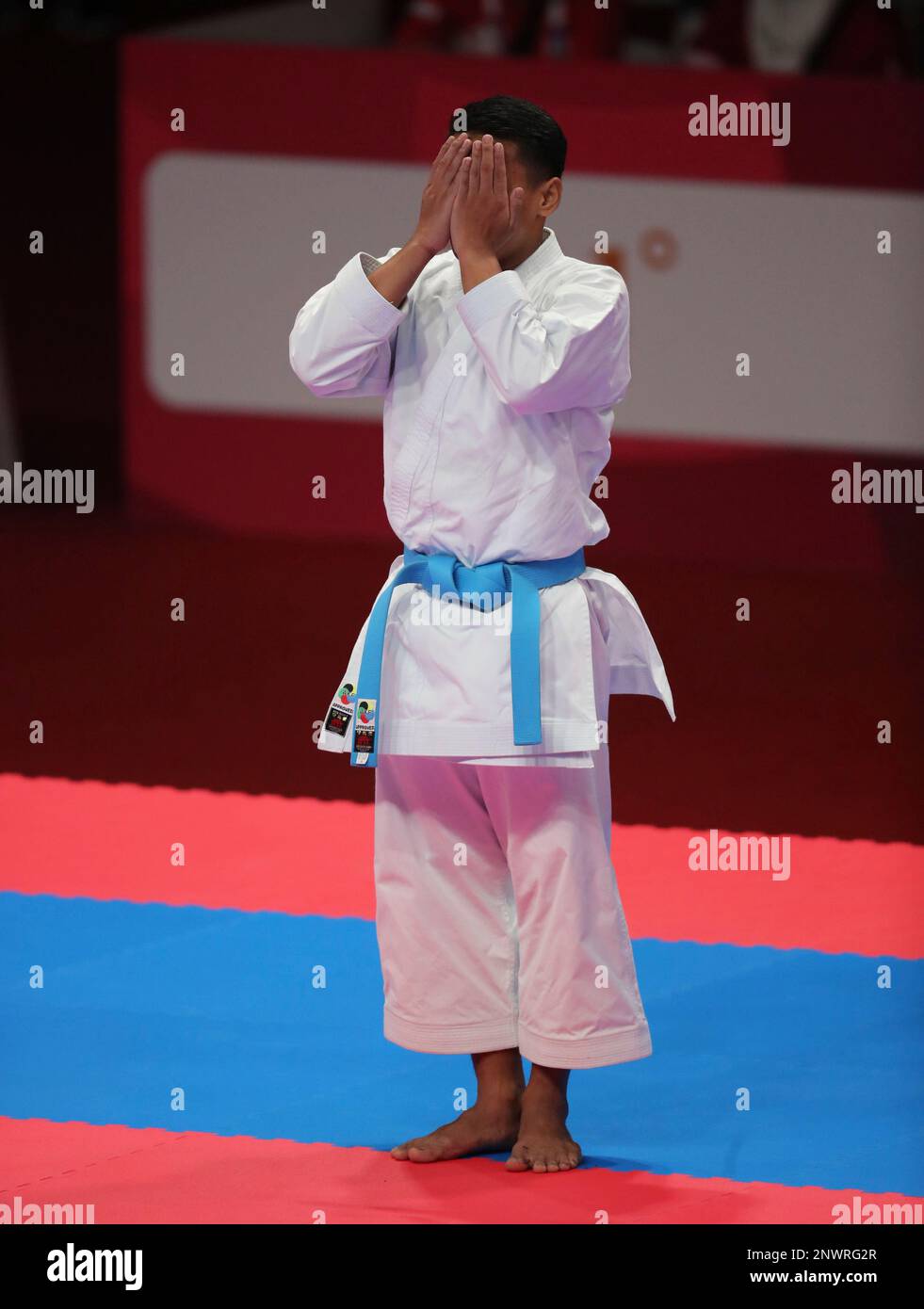 Indonesia's Ahmad Zigi ZARESTA YUDA reacts after performing the Karate ...