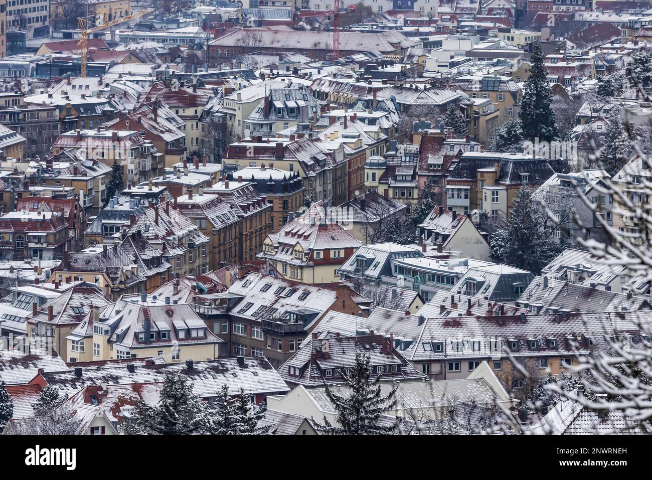 Winter in the state capital, the city is densely built-up, snow lies on ...