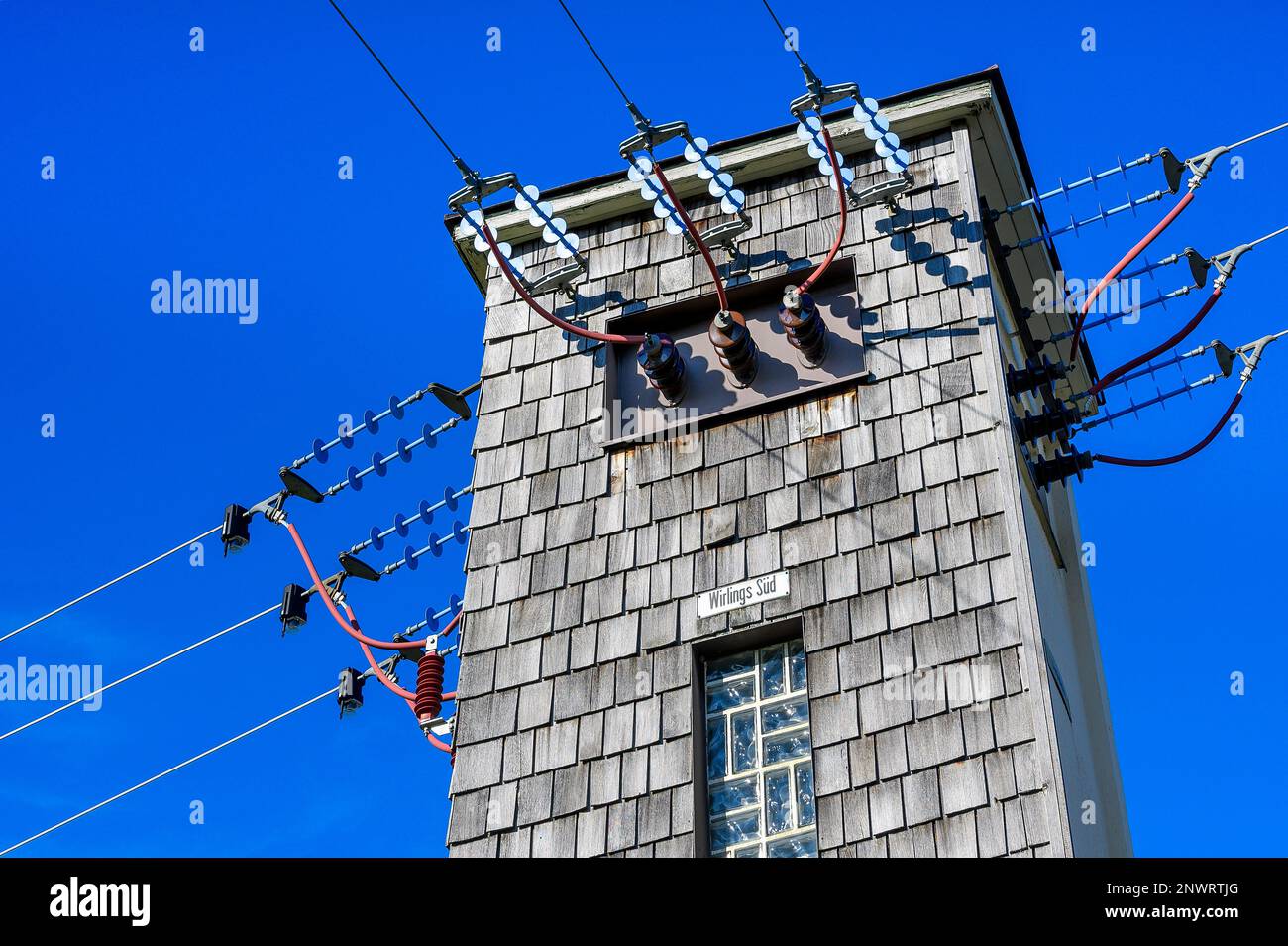 Transformer tower with wooden shingles and ceramic insulators, Allgaeu ...