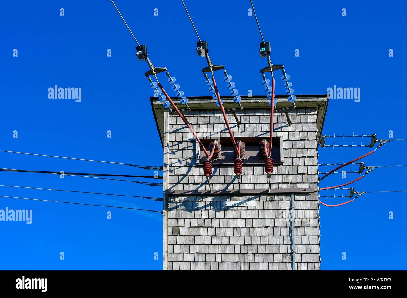 Transformer tower with wooden shingles and ceramic insulators, Allgaeu ...