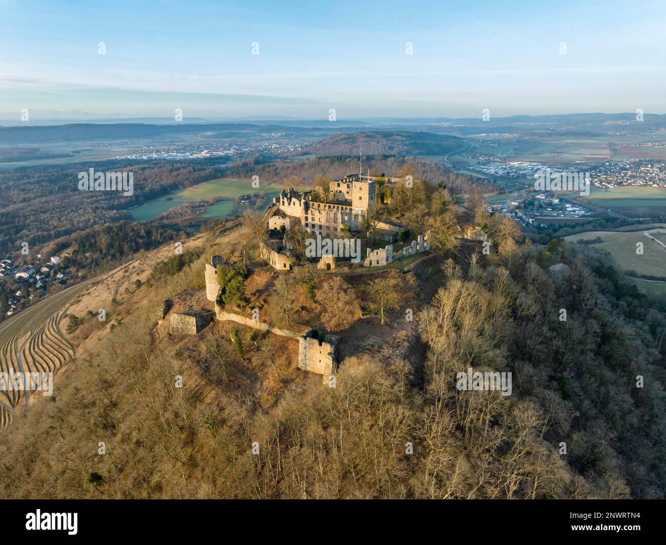 The Hohentwiel castle ruins illuminated by the morning sun, Singen am ...