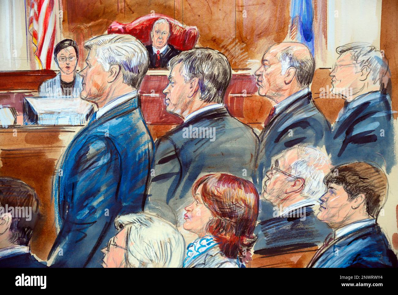 This courtroom sketch shows Paul Manafort, third from the right, and ...