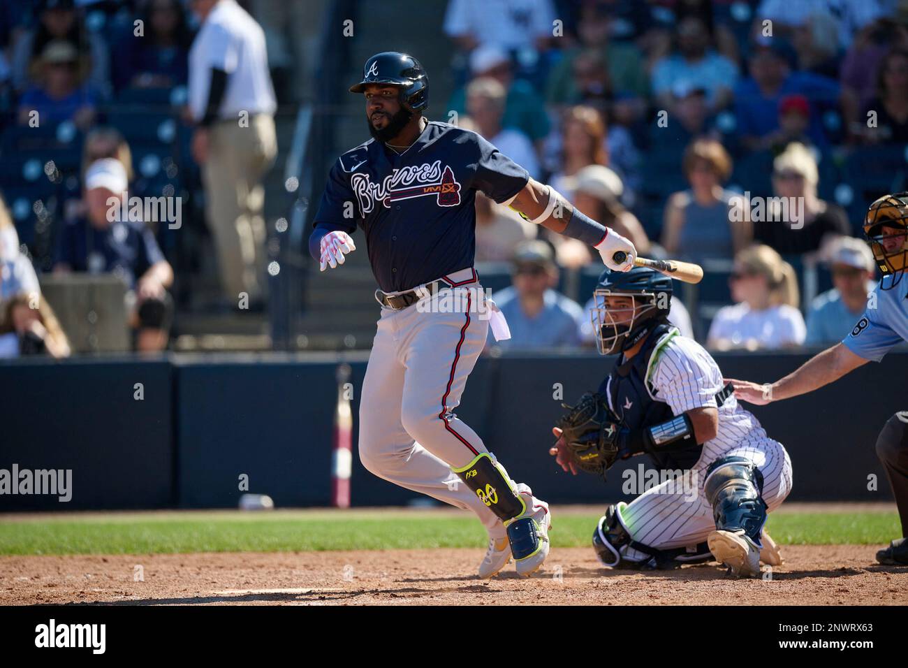 Atlanta Braves Marcell Ozuna (20) bats during a spring training ...