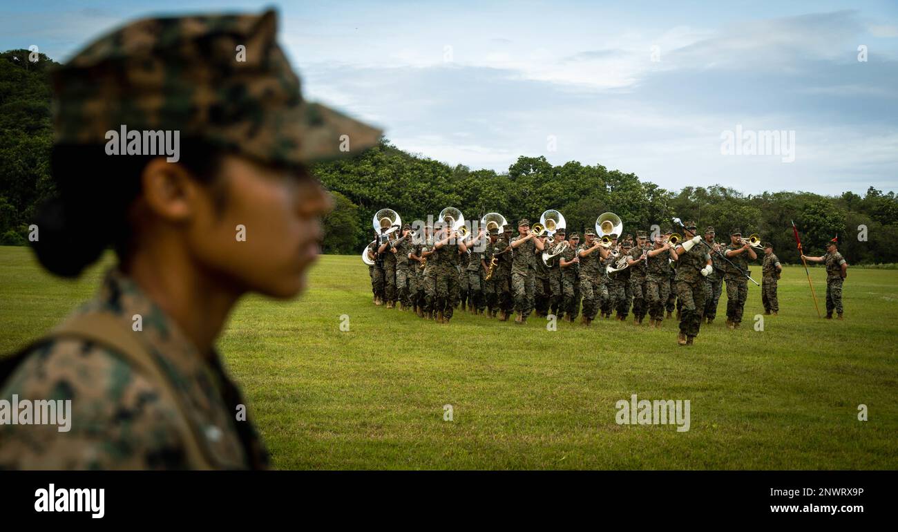 U.S. Marines with Marine Forces Pacific Band march during a rehearsal ...