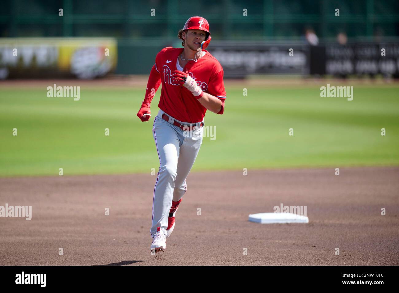 Philadelphia Phillies Alec Bohm (28) rounds the bases after hitting a ...