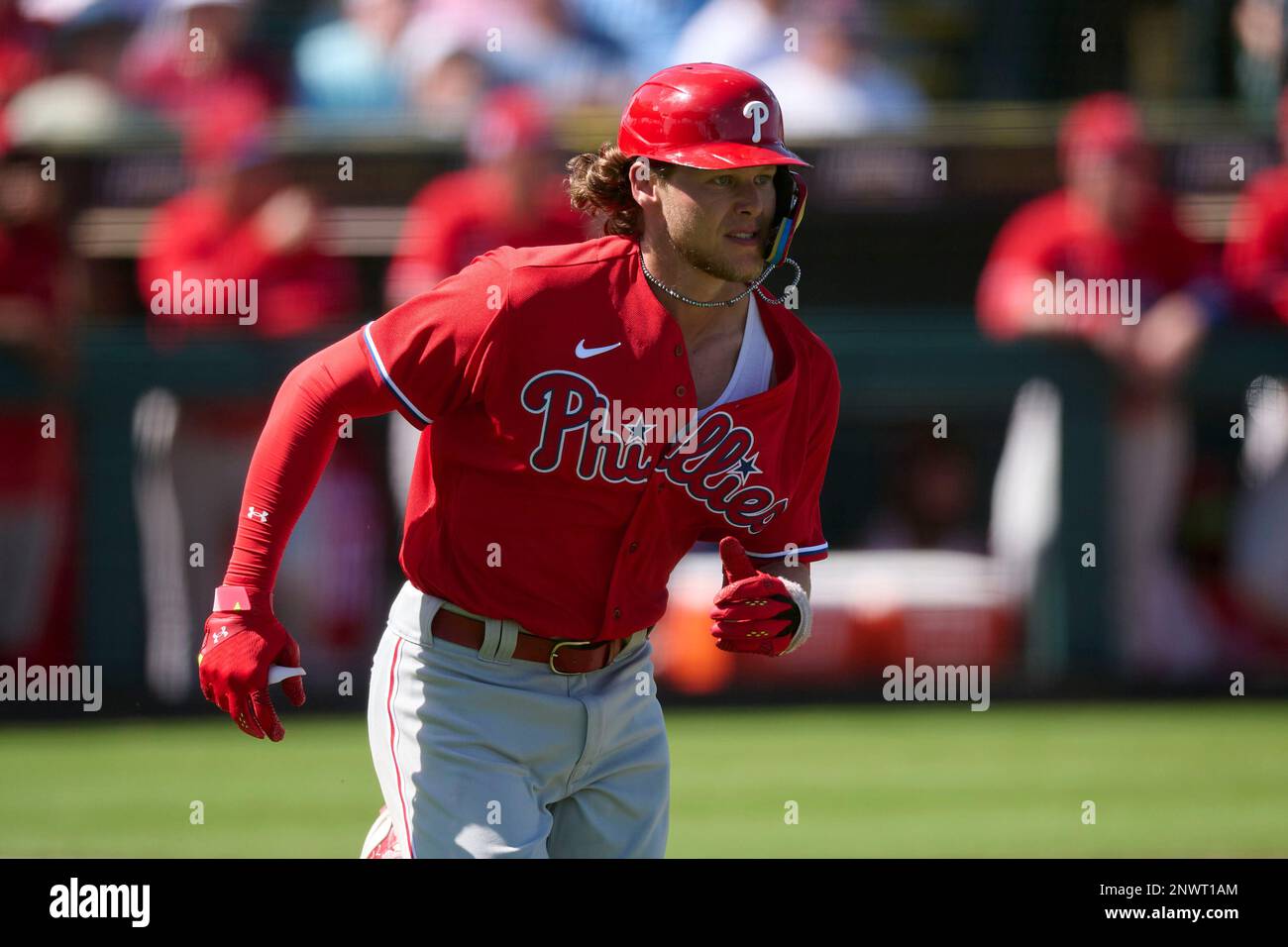 Philadelphia Phillies Alec Bohm (28) runs to first base during a spring ...