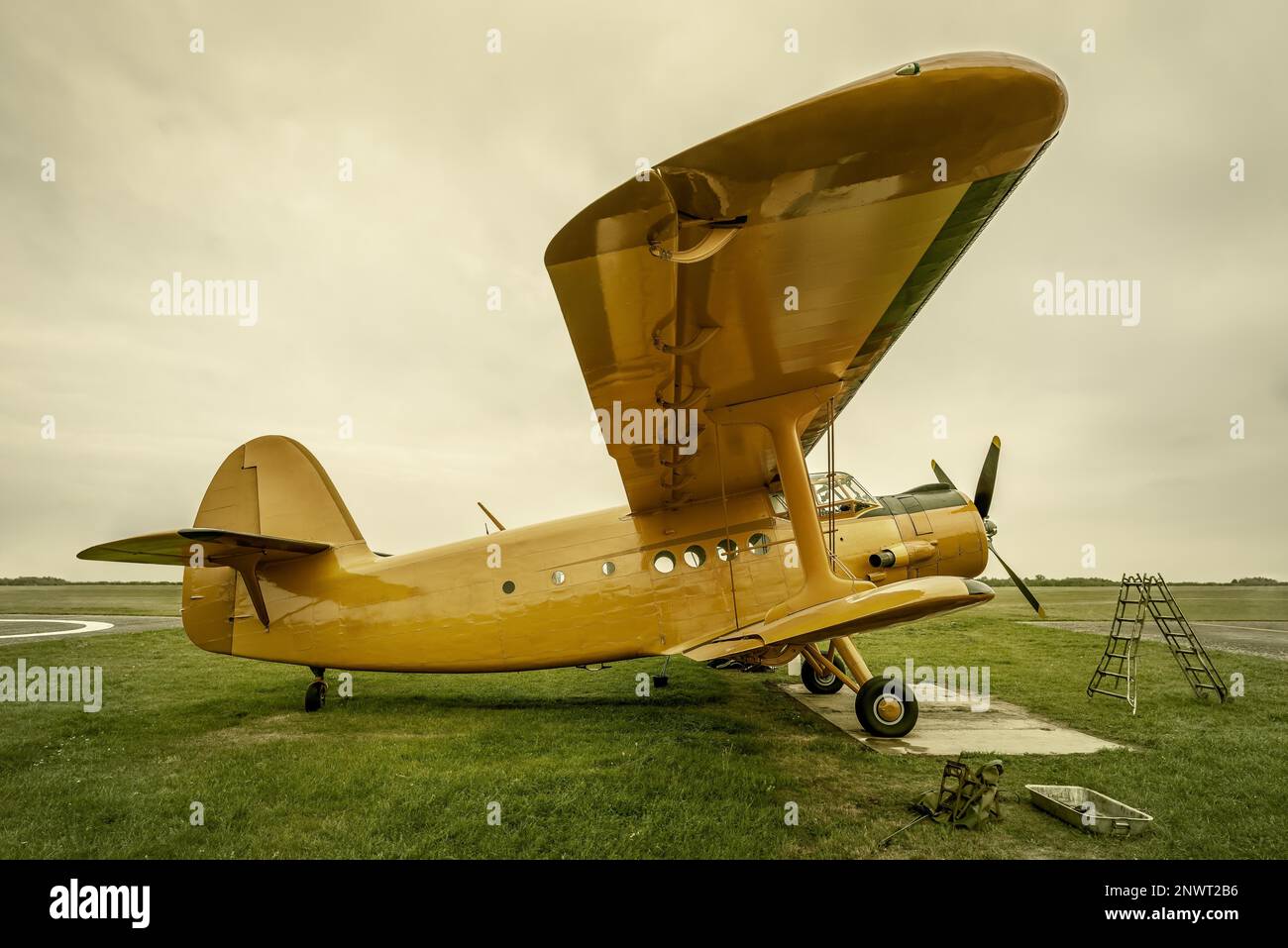 historical airplane gets service on a meadow Stock Photo - Alamy
