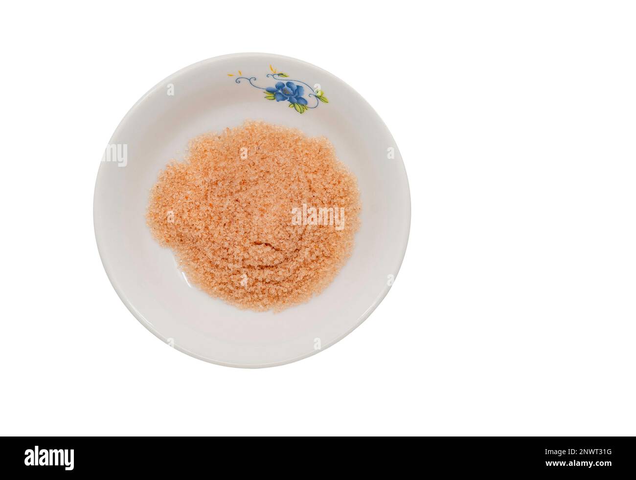 Top view pink salt or Himalayan salt in small dish, isolated image on ...