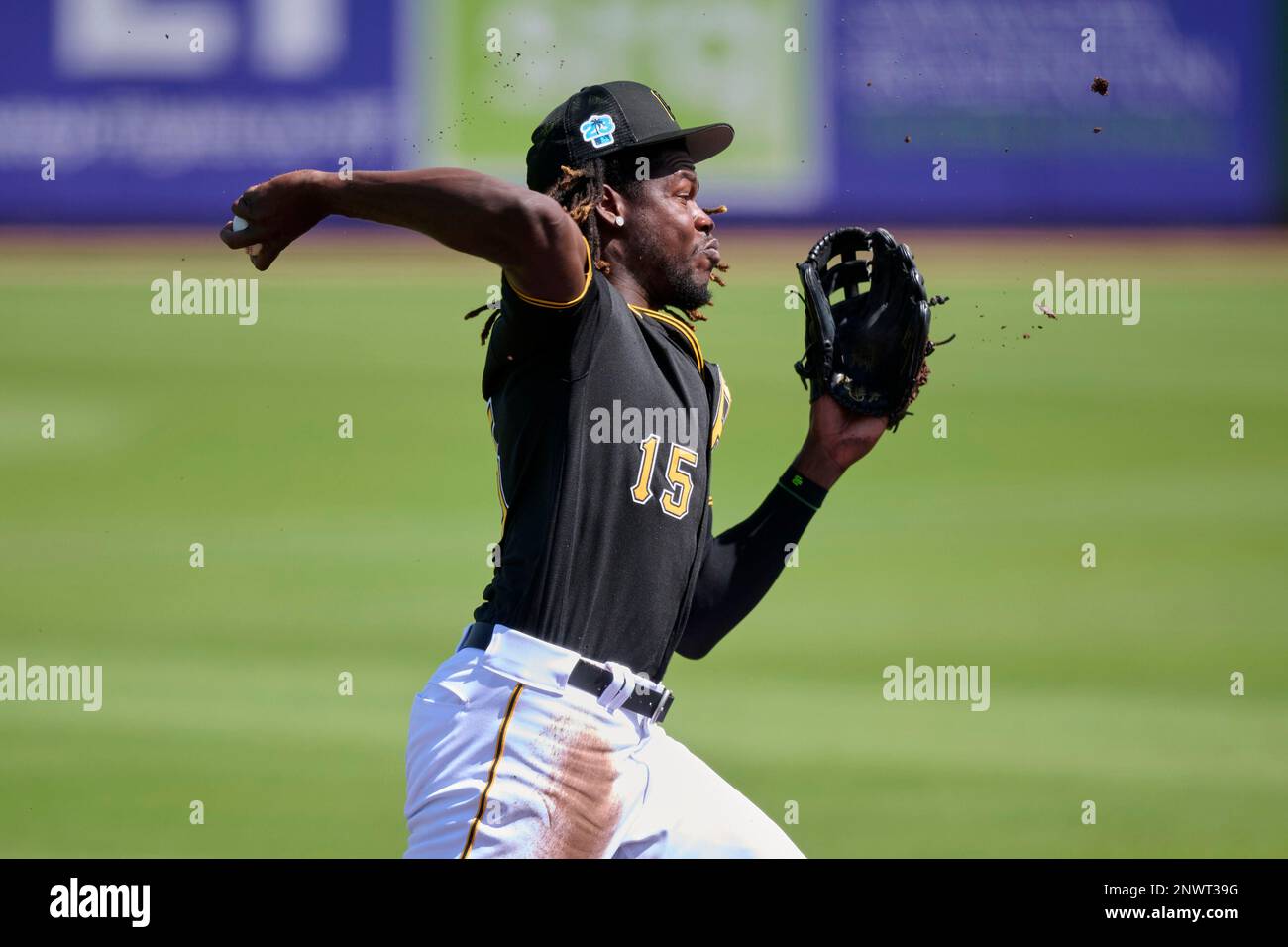 Pittsburgh Pirates shortstop Oneil Cruz (15) throws to first base ...
