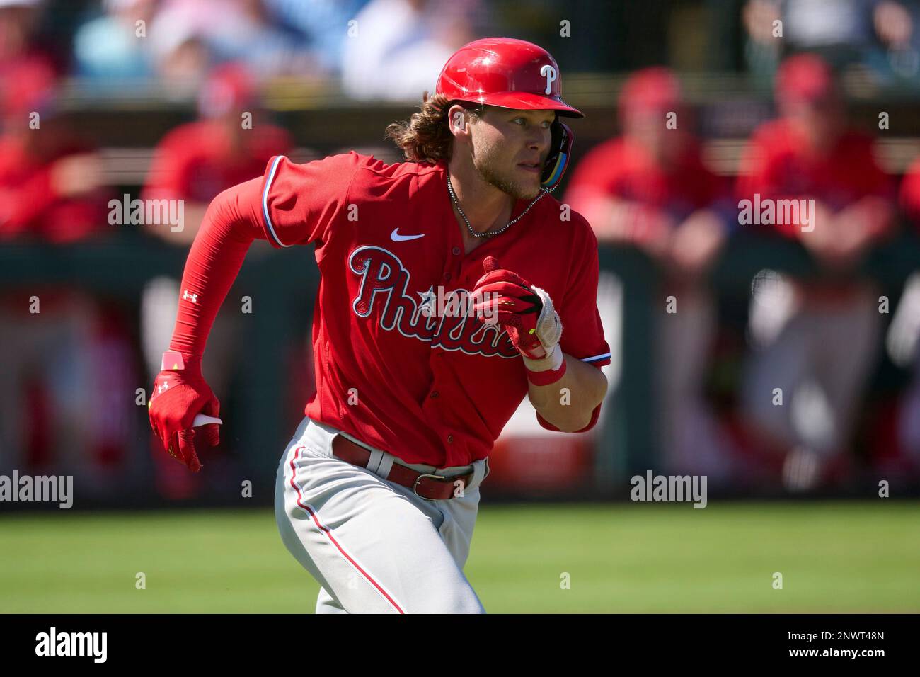 Philadelphia Phillies Alec Bohm (28) runs to first base during a spring ...