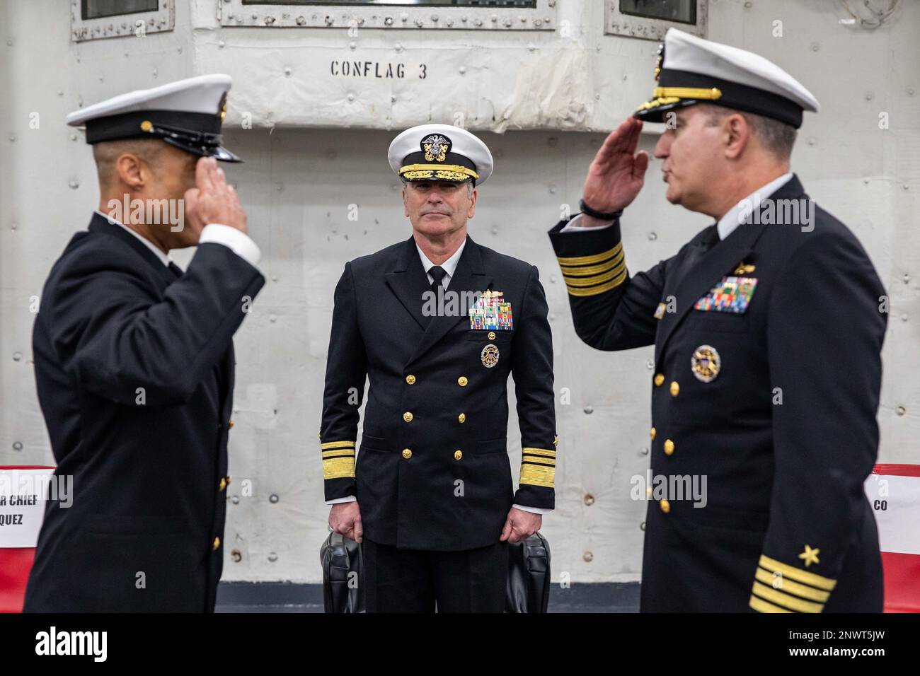 NORFOLK, Va. (Jan. 31, 2023) – Vice Adm. Roy Kitchener, center, Commander, Naval Surface Forces ...