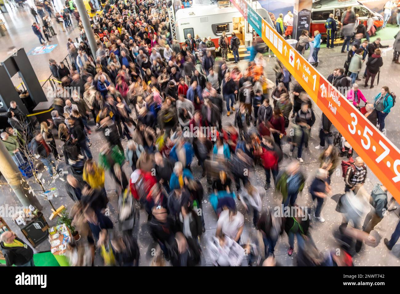 Entrance to the travel trade fair with many visitors, according to the ...