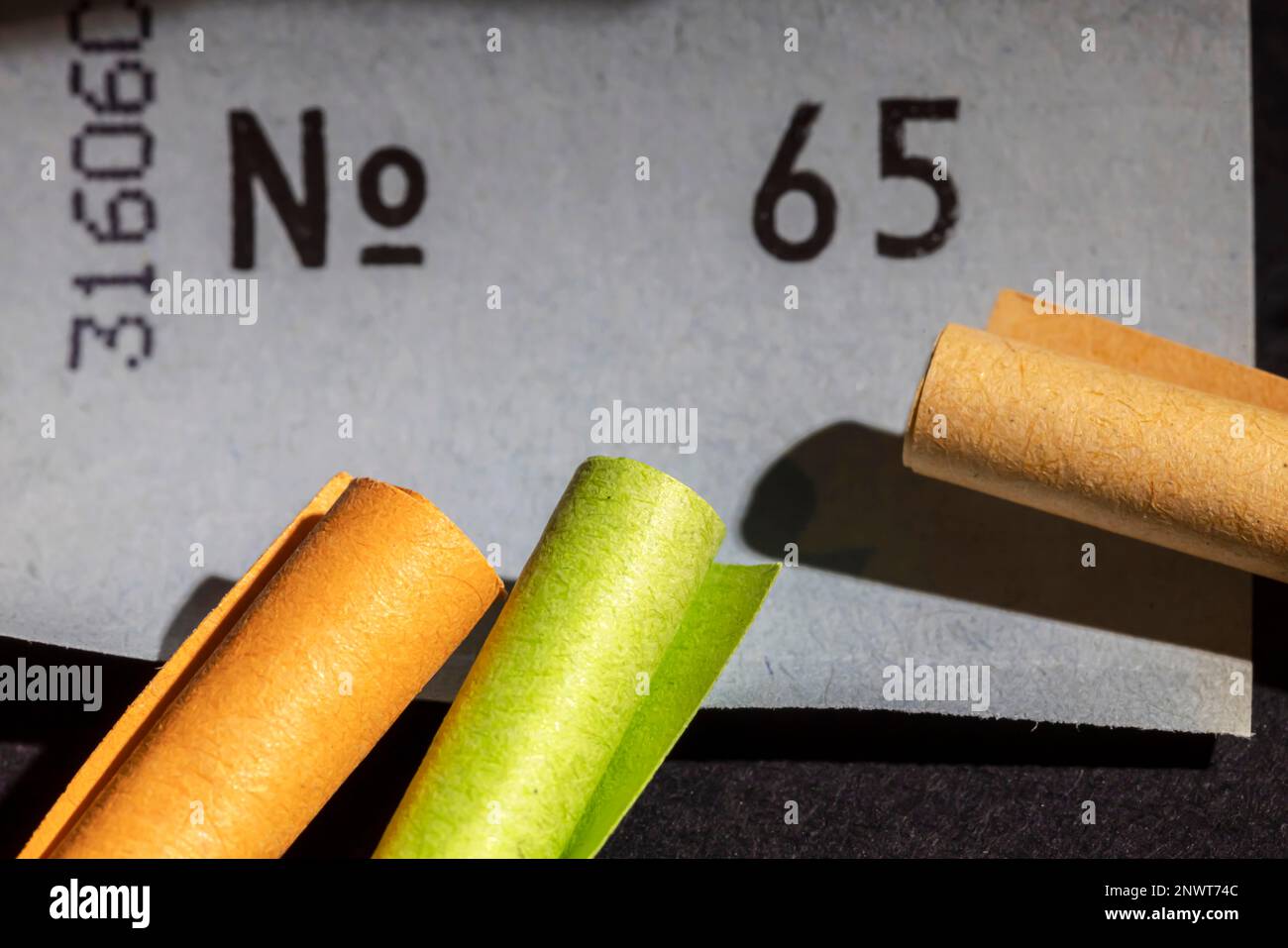 Lucky tickets of a raffle, tickets with winning numbers and rivets ...