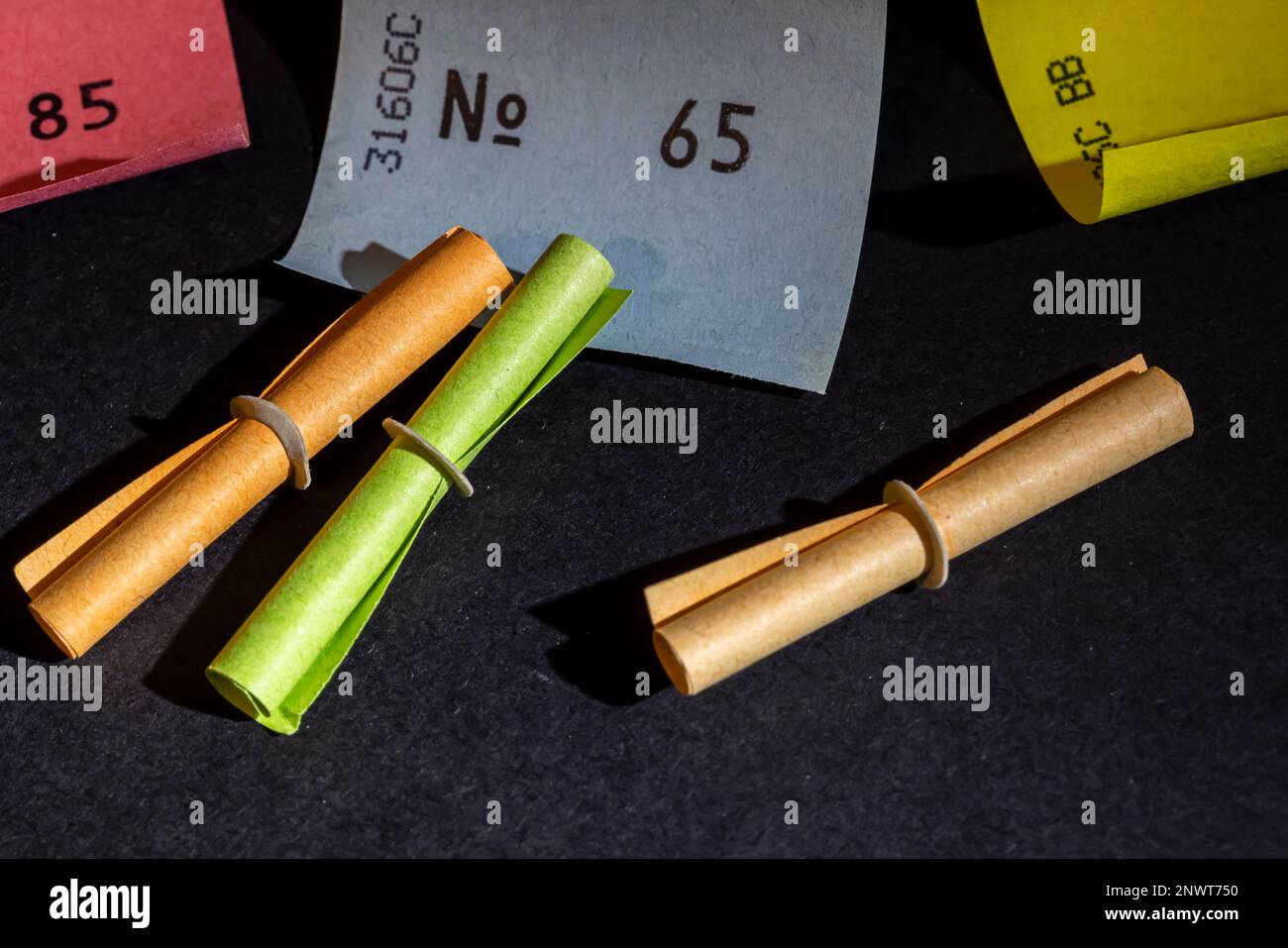 Lucky tickets of a raffle, tickets with winning numbers and rivets ...