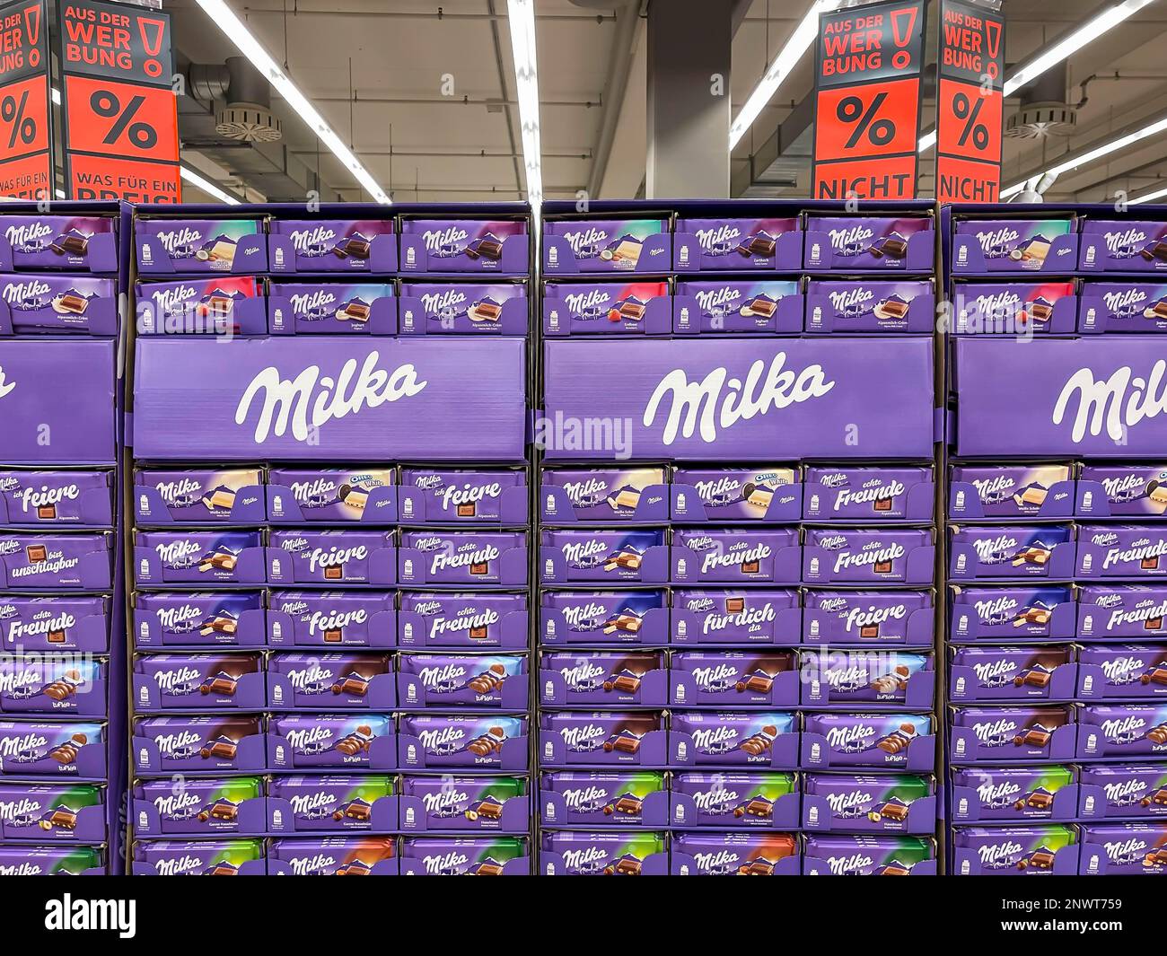 Milka chocolate on a pallet, supermarket in Stuttgart, Baden ...