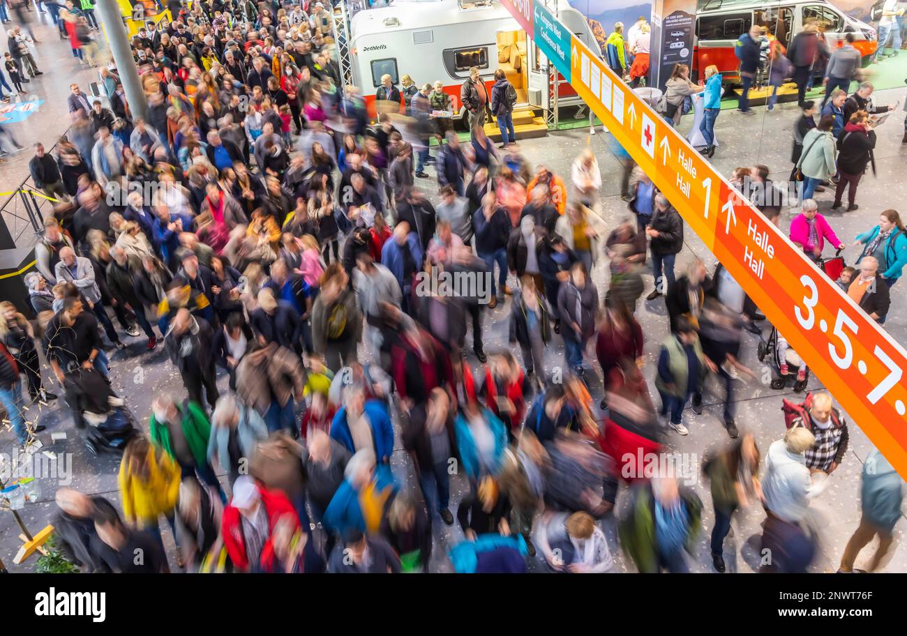 Entrance to the travel trade fair with many visitors, according to the ...
