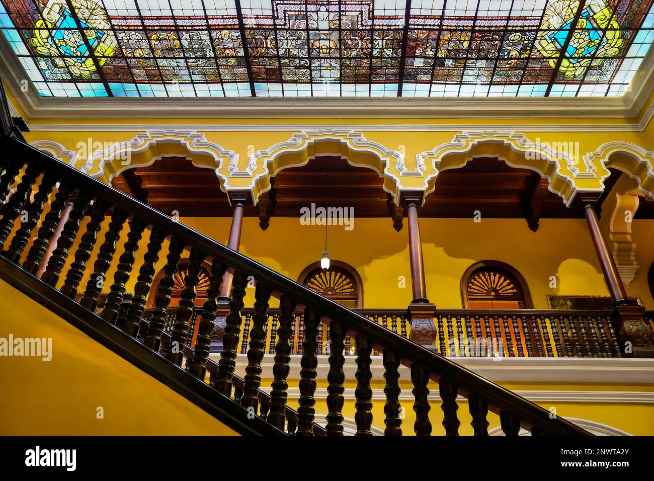 Archbishops Palace, Main Hall sumptuous stairway and stained-glass ...