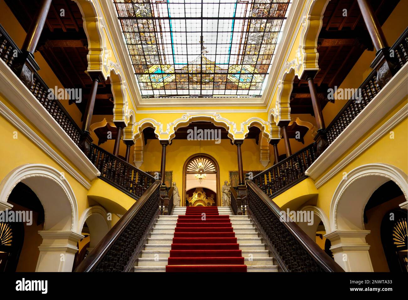 Archbishops Palace, Main Hall sumptuous stairway and stained-glass ...