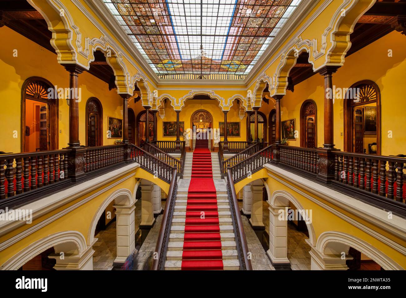 Archbishops Palace, Main Hall sumptuous stairway and stained-glass ...