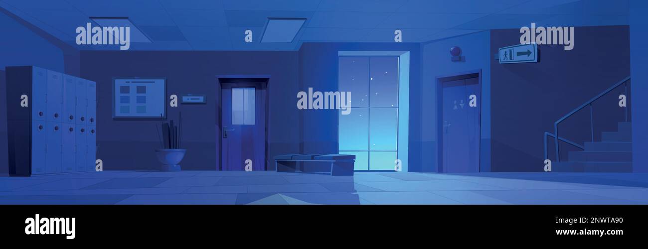 Night school hallway interior. Vector cartoon illustration of college ...