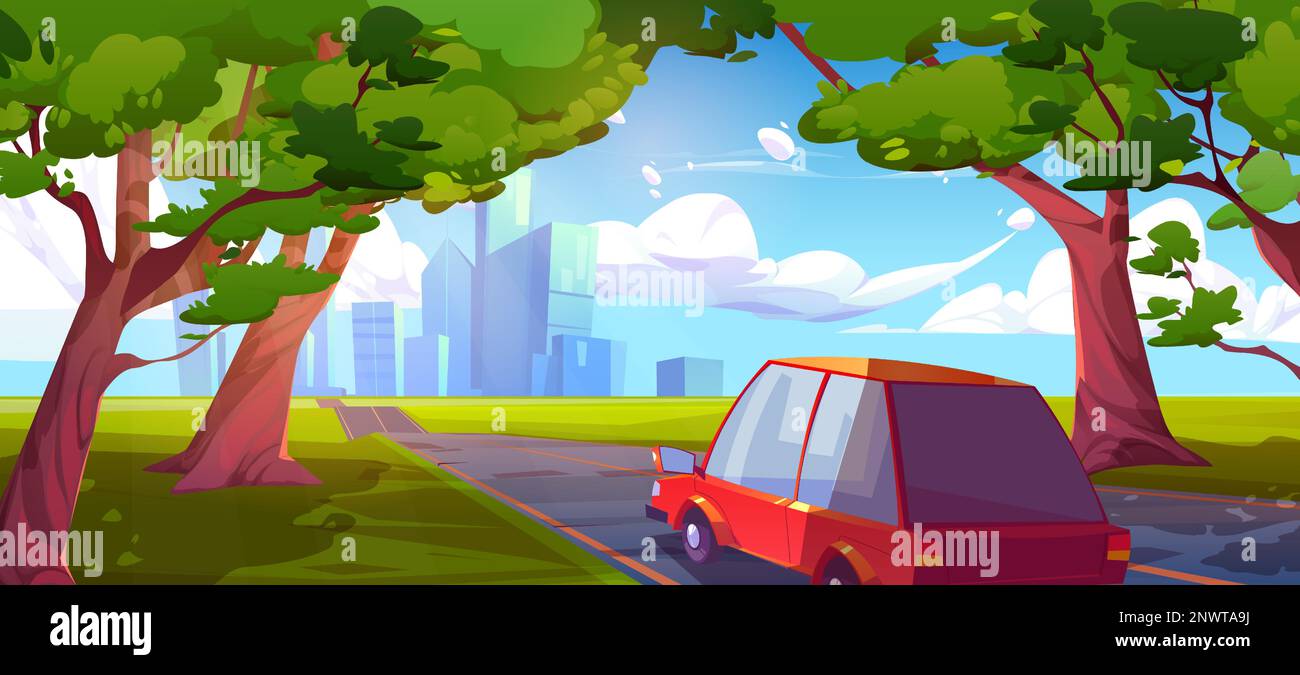 Car drives on road to city. Summer landscape with town buildings on ...