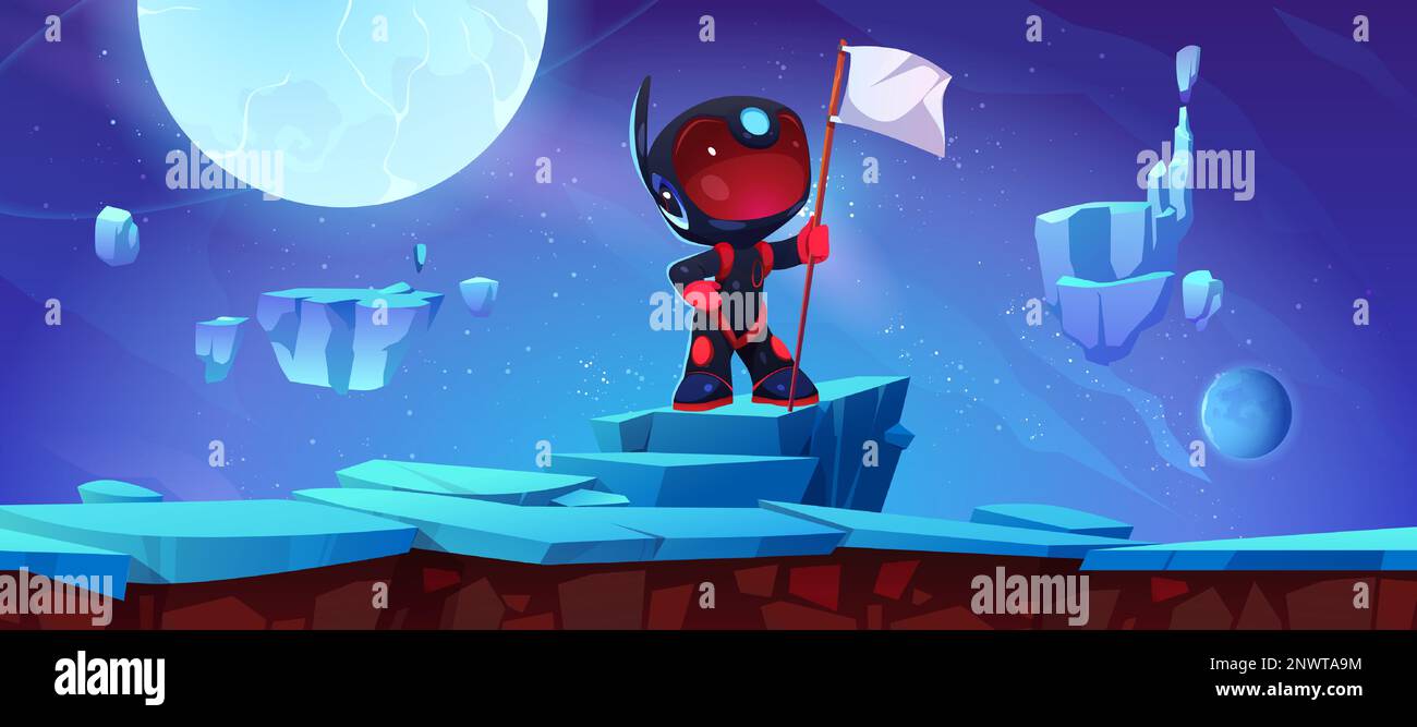 Astronaut in space on alien planet landscape with flying stones and ...