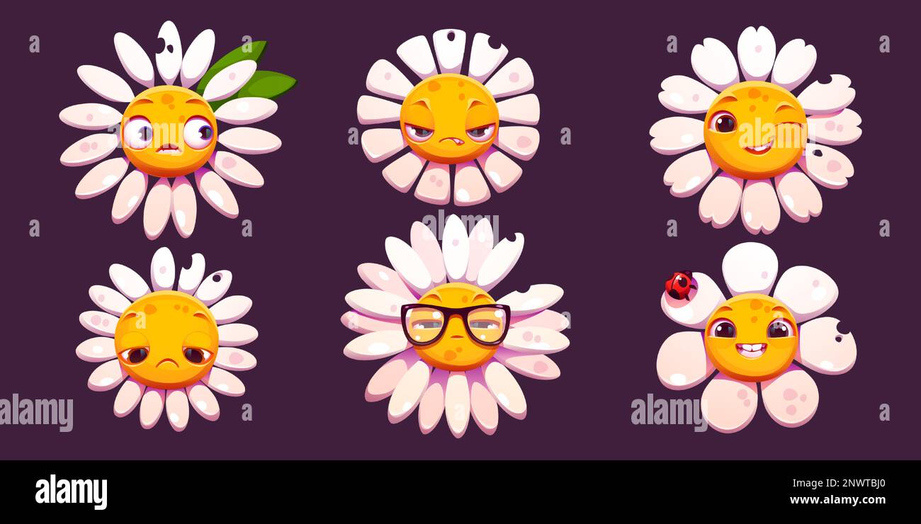 Daisy chamomile face emotions cartoon vector set. Isolated camomile flower character with bitten ...