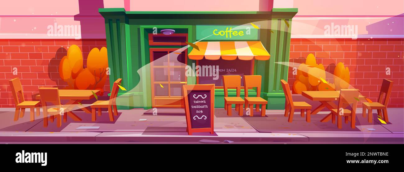 Coffee shop exterior in autumn. Vector cartoon illustration of city ...