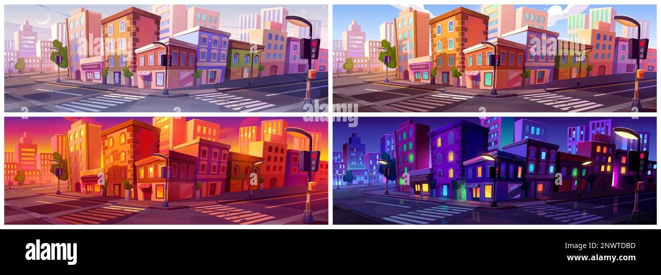 City street set at night and day time cartoon landscape. Urban modern ...