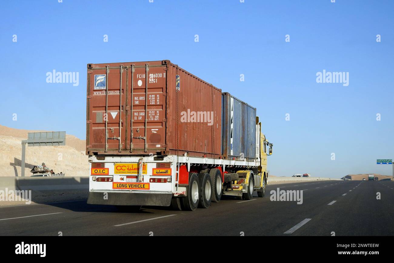 Giza, Egypt, January 26 2023: flatbed truck big vehicle with a steel ...