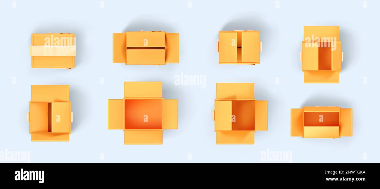 3d render vector top view isolated empty open box set. Package icon for ...