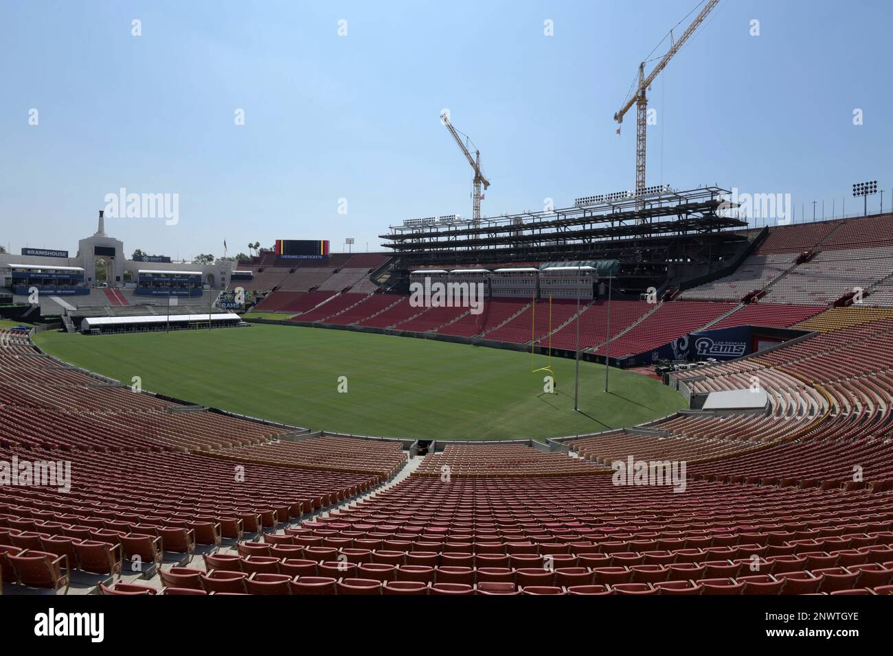 General overall view of renovation of the Los Angeles Memorial Coliseum ...
