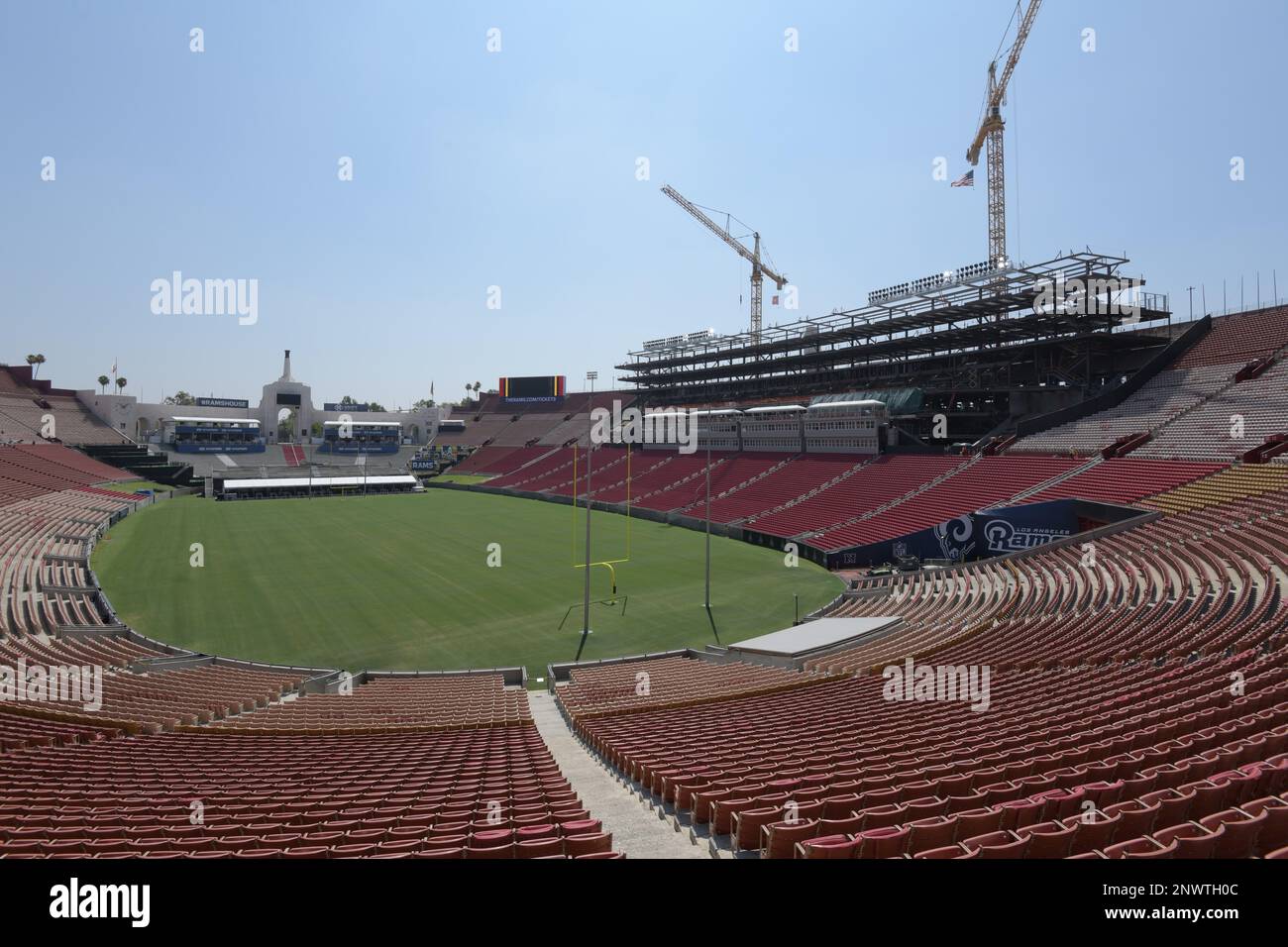 General overall view of renovation of the Los Angeles Memorial Coliseum ...